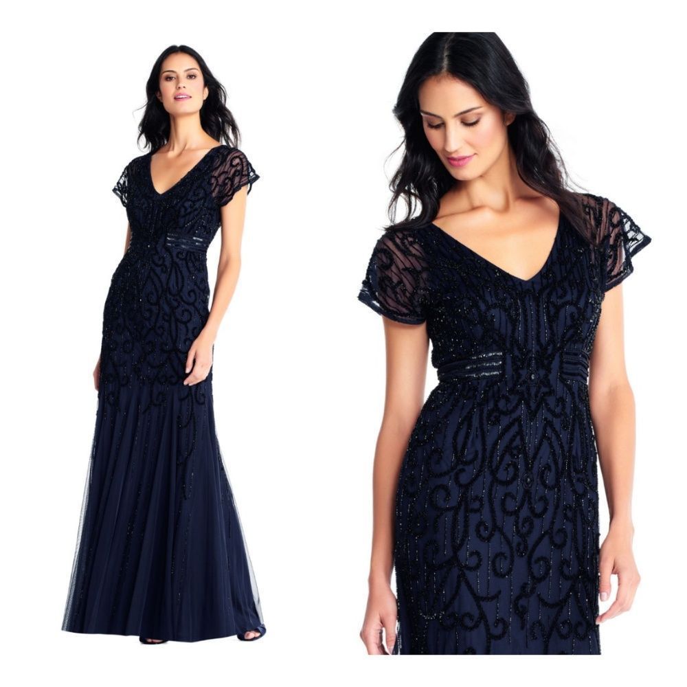 Swirl Beaded Godet Gown With Sheer Flutter Short S - Gem